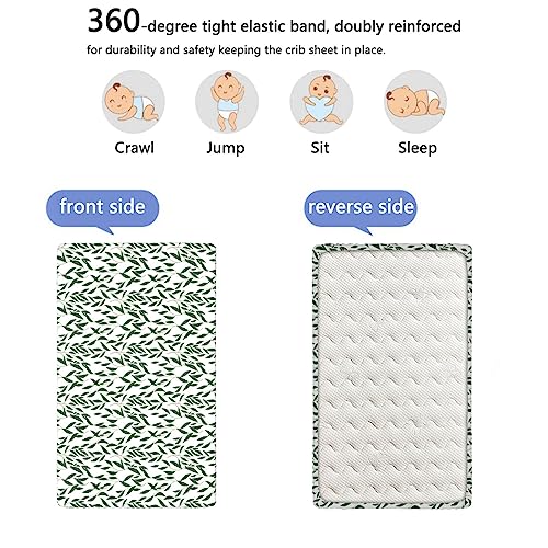 Eucalyptus Themed Fitted Crib Sheet,Standard Crib Mattress Fitted Sheet Soft & Stretchy Fitted Crib Sheet - Great for Boy or Girl Room or Nursery,28β x52β,Hunter Green and White