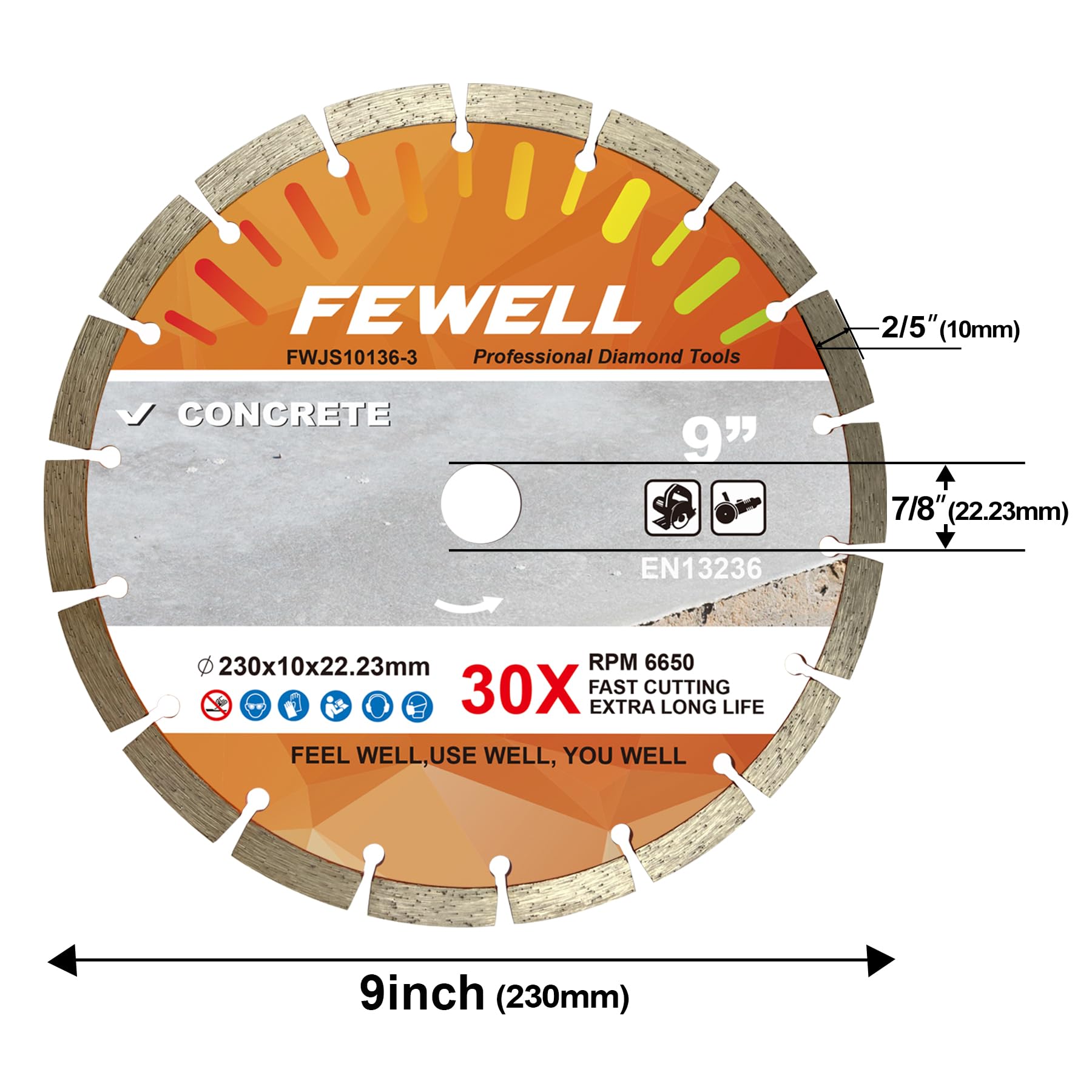 FEWELL 9 Inch Diamond Blade, Segmented General Purpose Blade Dry/Wet Cutting Concrete, Masonry, Brick, Block,Stone (3 Packs)