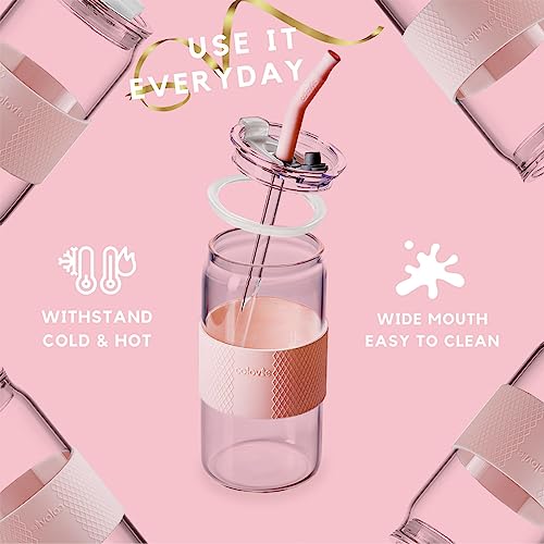 ColoVie Can Shaped Drinking Glass Cups with Lids and Glass Straws 6pc Set-16oz Travel Glass Tumbler Cup with Silicone Protective Sleeve, Iced Coffee Cup, Soda Beer Drinking Jars, Securely Boxed-Gift
