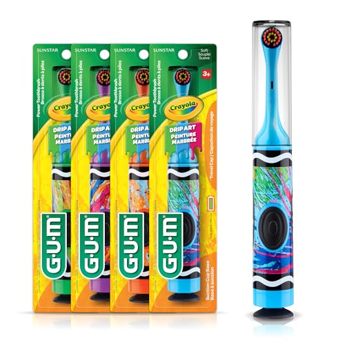 GUM Crayola Power Toothbrush for Kids, Extra Soft Bristled Toddler Toothbrushes, Travel Cap + Suction Cup Base, Batteries Included, 1ct (4pk)