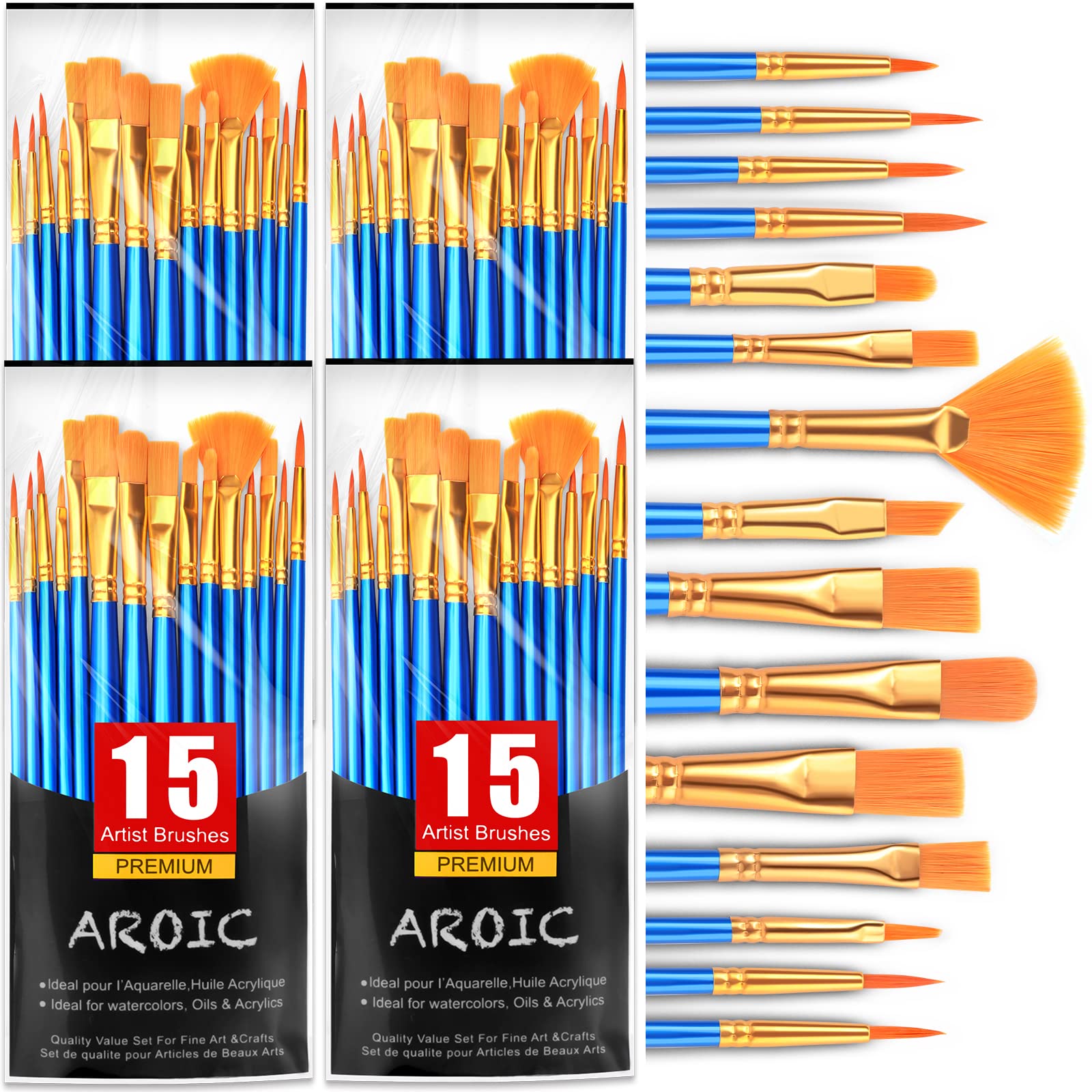 Acrylic Paint Brush Set, AROIC 60 pcs Nylon Hair Paint Brushes for All Purpose Oil Watercolor Face Body Rock Painting Artist, Small Paint Brush Kits for Kids Adult Drawing