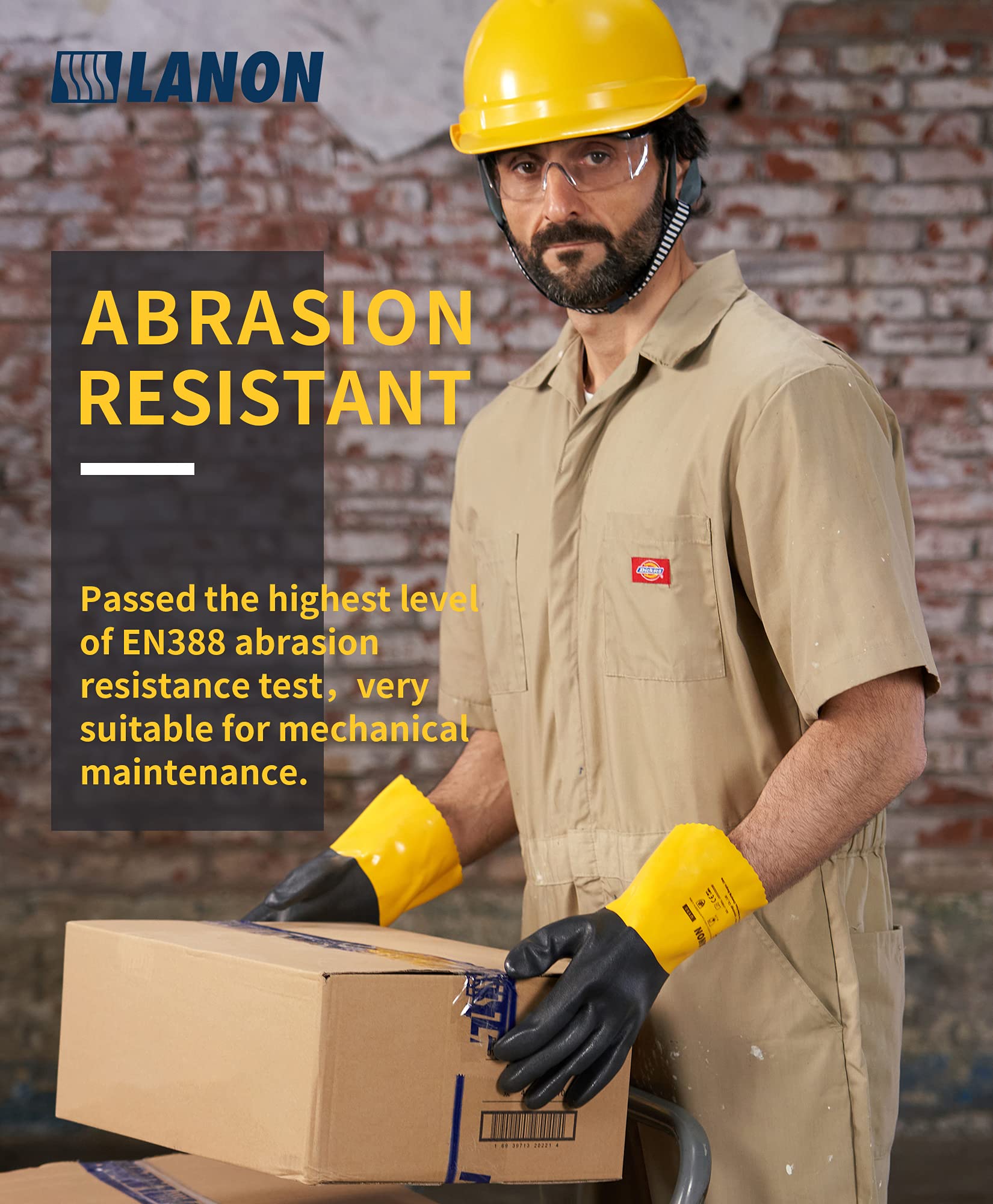 LANON PVC Chemical Gloves, Thick Rubber Work Gloves, Heavy-Duty, EN 374/388, Acid, Alkali and Oil, Non-Slip, XL