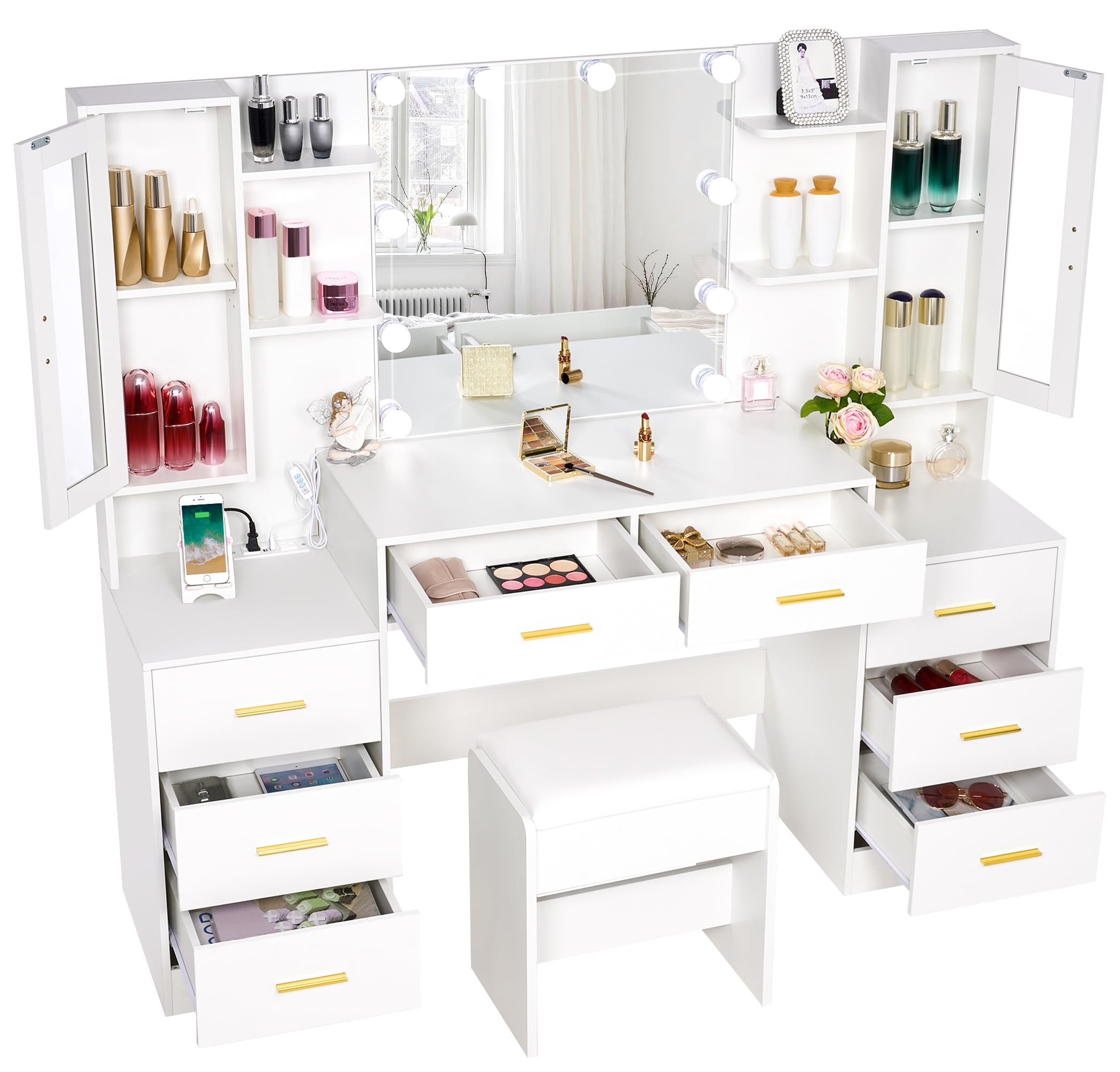 ANWBROAD 59.1" Large Vanity Desk Table with Mirror & Lights White Makeup Vanity with Power Outlet and 8 Drawers 2 Cabinets 3 Lighting Modes Adjustable Vanity Table for Bedroom Dressing Room UBDT67W