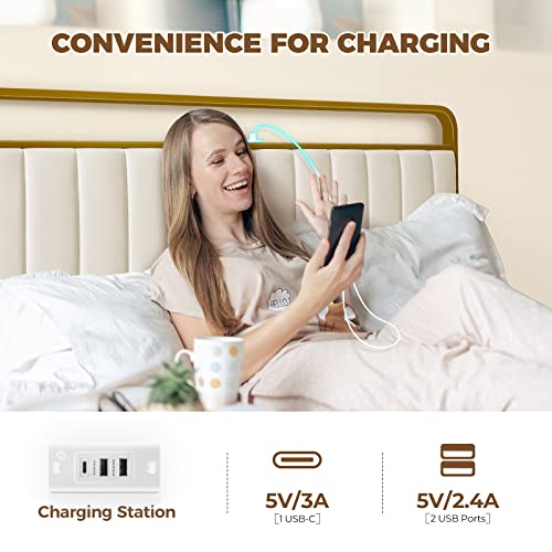 Rolanstar Bed Frame Twin Size with Charging Station and LED Lights, Upholstered Velvet Bed with Headboard Footboard, Heavy Duty Metal Slat, No Box Spring Need, Noise Free, Easy Assembly, Golden Color