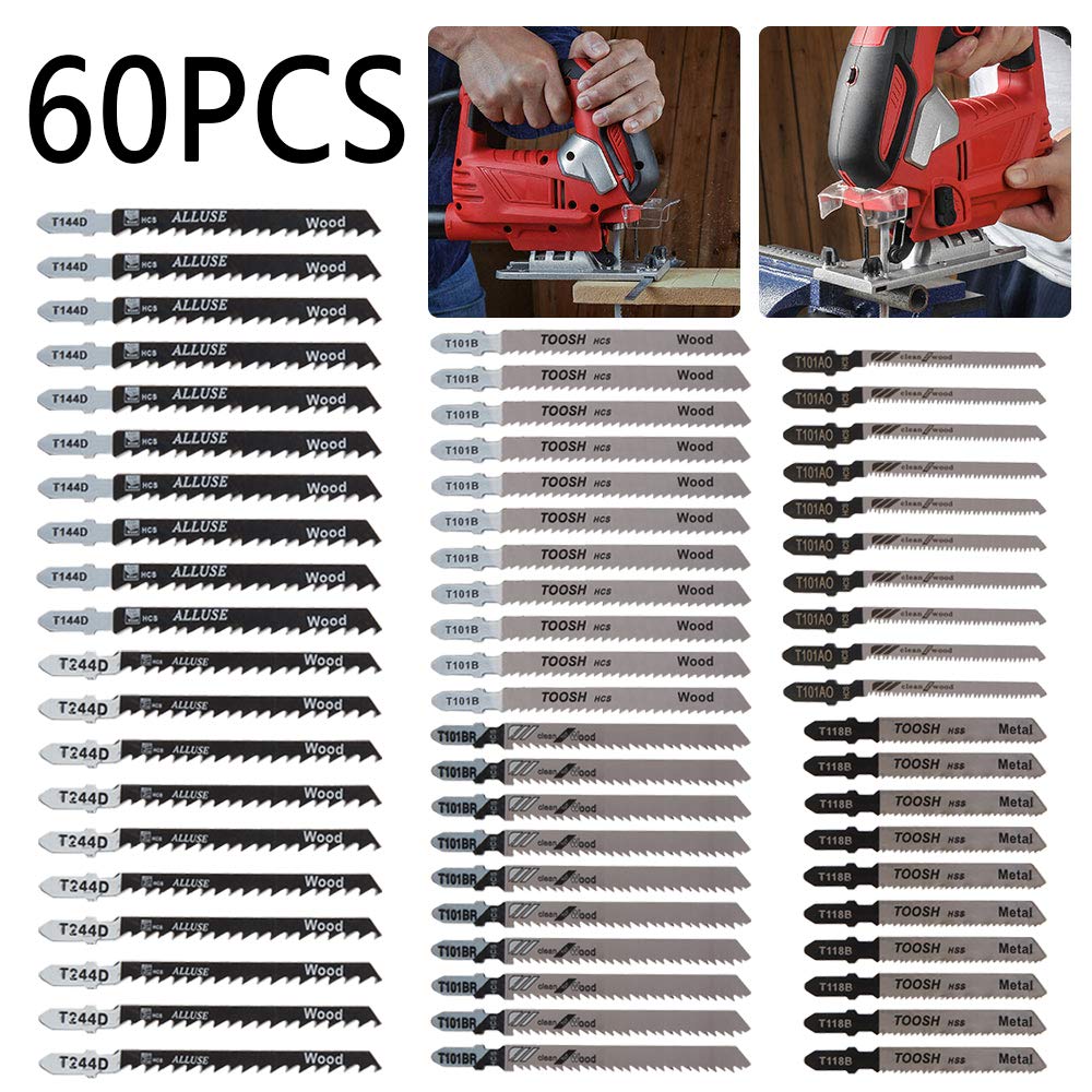 60 pcs Jigsaw Blades Set Straight and Fast Cuts for Wood Plastic and Metal Cutting Fit Bosch, Dewalt, Hitachi, Festool Milwaukee