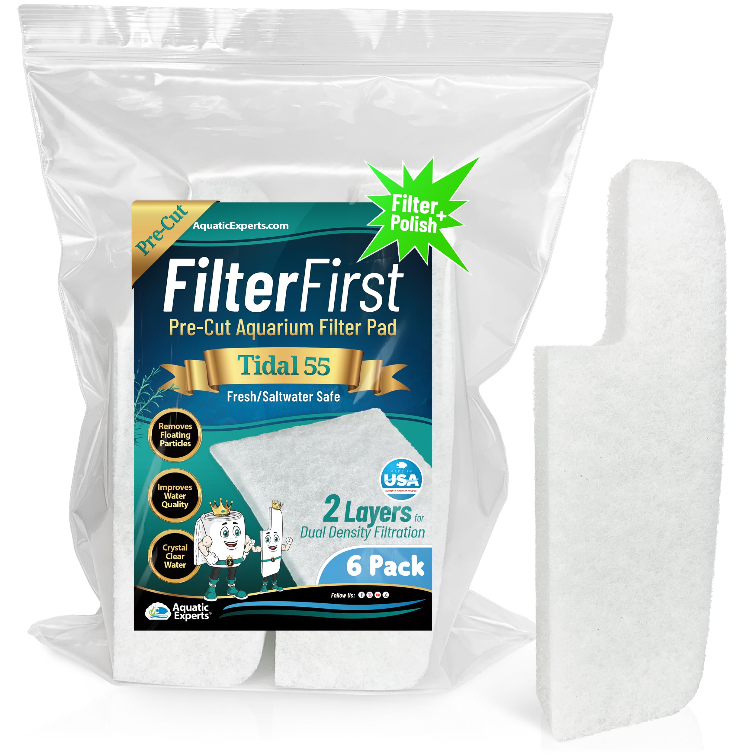 Aquatic Experts Aquarium Filter Floss for Fish Tank Filters - FilterFirst Aquarium Filter Pad - Aquarium Filter Media Roll for Crystal Clear Water (16 Pack, Tidal 55 Compatible)