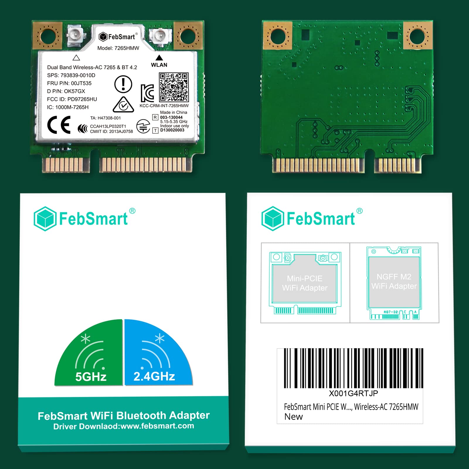 FebSmart Mini PCIE WiFi Adapter with WiFi Stereo Adapter, Wireless-AC 1200Mbps (2.4GHz 300Mbps or 5G 867Mbps), for Windows 7, 8.1, 10, 11(32/64bit) & Linux 4.2+, Wireless-AC 7265HMW