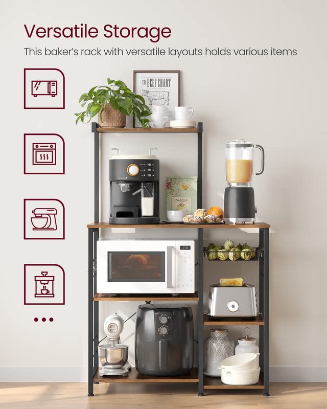 VASAGLE Baker's Rack, Microwave Stand, Kitchen Storage Rack with Wire Basket, 6 Hooks, and Shelves, for Spices, Pots, and Pans, Rustic Brown and Black UKKS35X