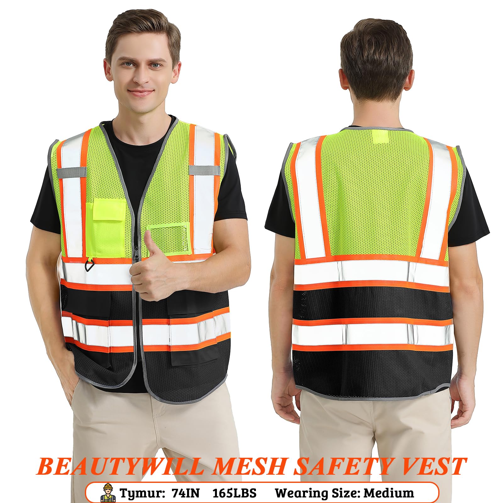 BeautyWill Custom Mesh Safety Vest Customized Logo Class2 High Visibility Reflective Vest with Pockets Construction workwear (Yellow Black,L )