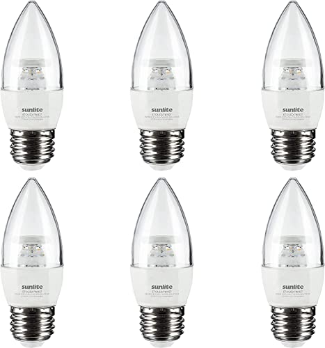 Sunlite LED B13 Torpedo Decorative Chandelier Light Bulb, 7 Watts (60W=), 500 Lumens, 120 Volts, Dimmable, E26 Base, Energy Star, 90 CRI, ETL Listed, Torpedo Clear, Title-20, 2700K Soft White, 6 Pack