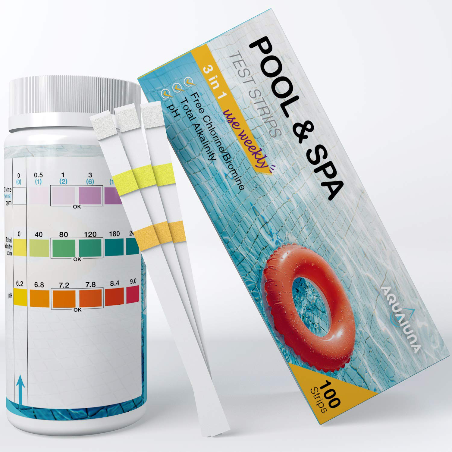 Aqualuna Pool and Spa Test Strips 100 Counts: 3 Way Hot Tub Test Kit Testing for Free Chlorine/Bromine, Total Alkalinity and pH. Easy and Accurate Spa Test Strips for Hot Tub