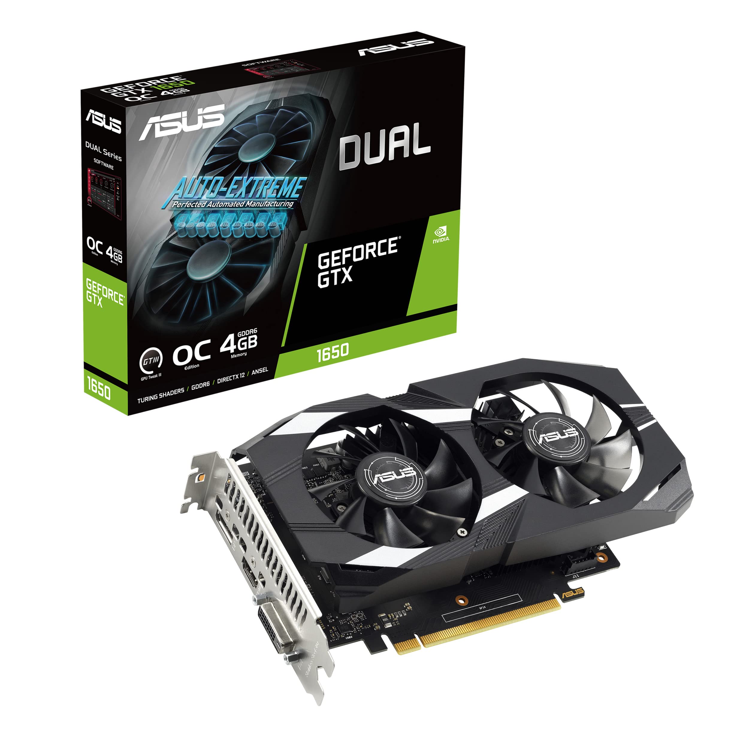 ASUS Dual GeForce® GTX 1650 V2 OC Edition 4GB GDDR6 (PCIE 3.0, 4GB GDDR6 memory, HDMI 2.0b, DisplayPort 1.4a, DVI-D, IP5X Dust Resistant, Auto-Extreme)