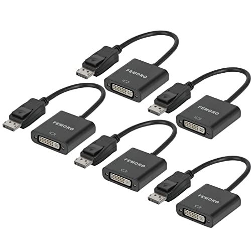 FEMORO DisplayPort to DVI Adapter 5-Pack, Display Port DP to DVI-I Adapter 1080P for All DP Port Computer, Laptop, Desktop - Black