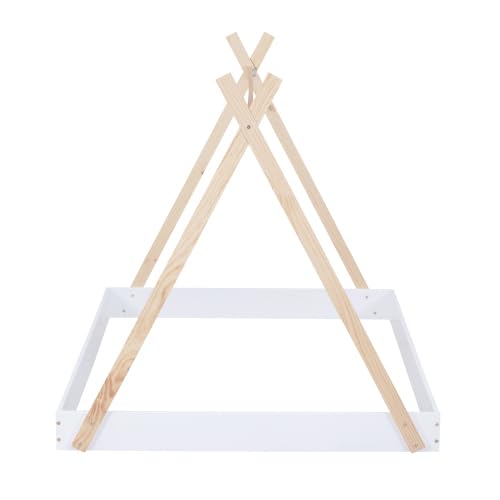 anwickjeff Full Size Tent Floor Bed with Triangle Structure, Moden Full Teepee Bed Platform Bed Frame,Wood Montessori Floor Bed for Kids Girls Boys (White+Natural)