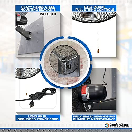 Comfort Zone CZVHW30 30β 2-Speed High Velocity Industrial Wall Fan, All-Metal Construction, Adjustable Tilt, Steel Mounting Bracket with Adjustable Angle, Aluminum Blades, Black