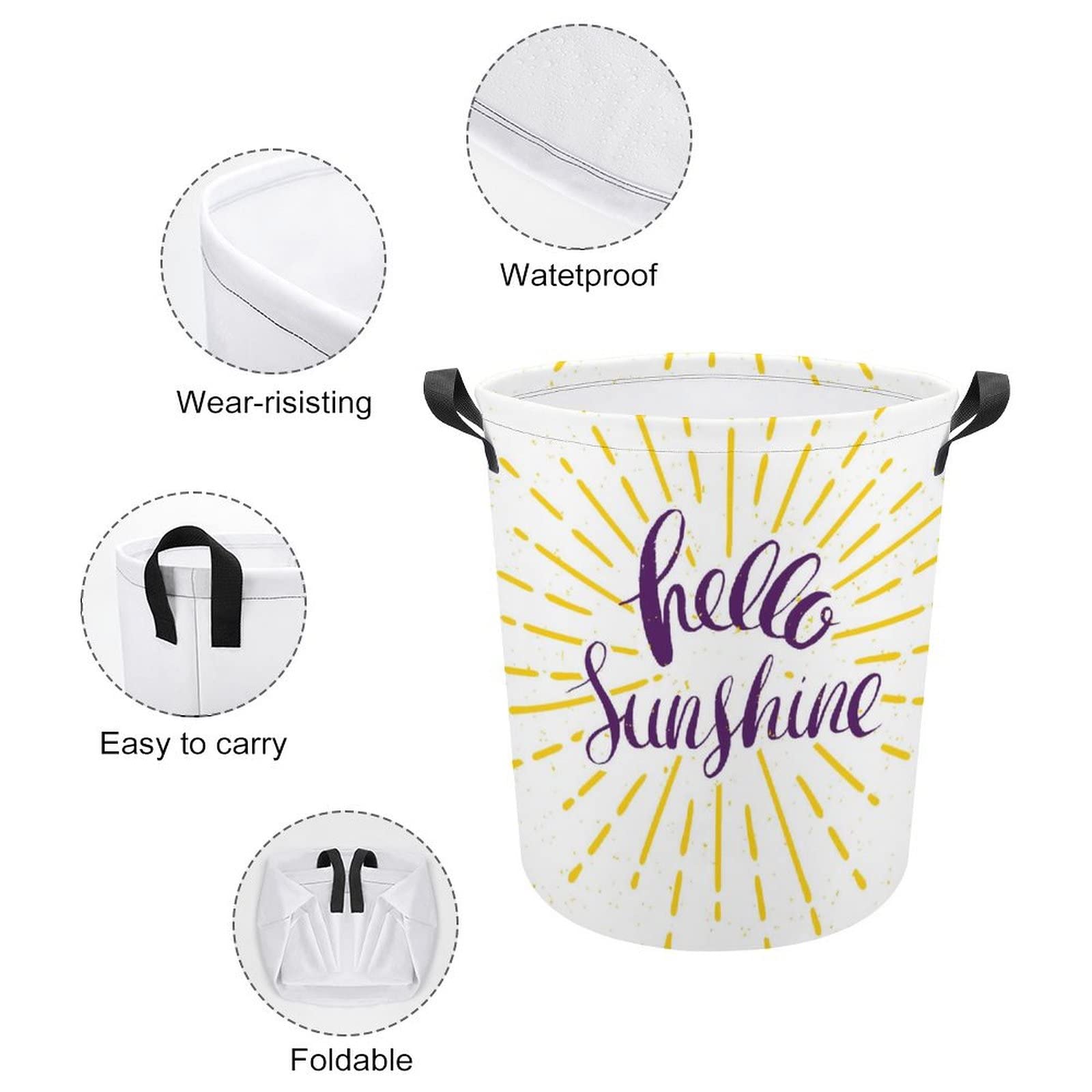 Oyihfvs Yellow Burst Hello Sunshine Collapsible Waterproof Laundry Hamper with Handles, Tall Washing Storage Large Organizer Round Basket Bin for Toys Clothes
