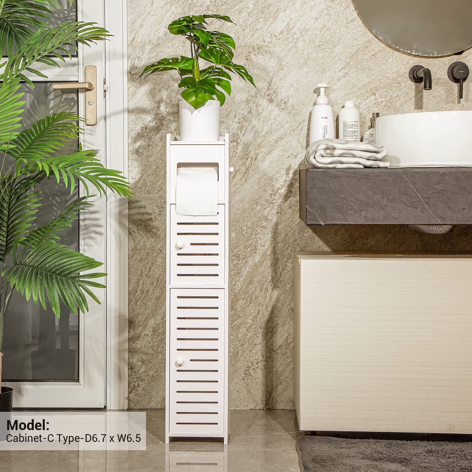 Bathroom Storage Cabinet for Small Space with Doors and Shelves, 4-Tiers Narrow Bathroom Cabinet,Waterproof Toilet Paper Storage Organizer with Toilet Paper Roller,Accommodate Mega Rolls(White 2Pack)
