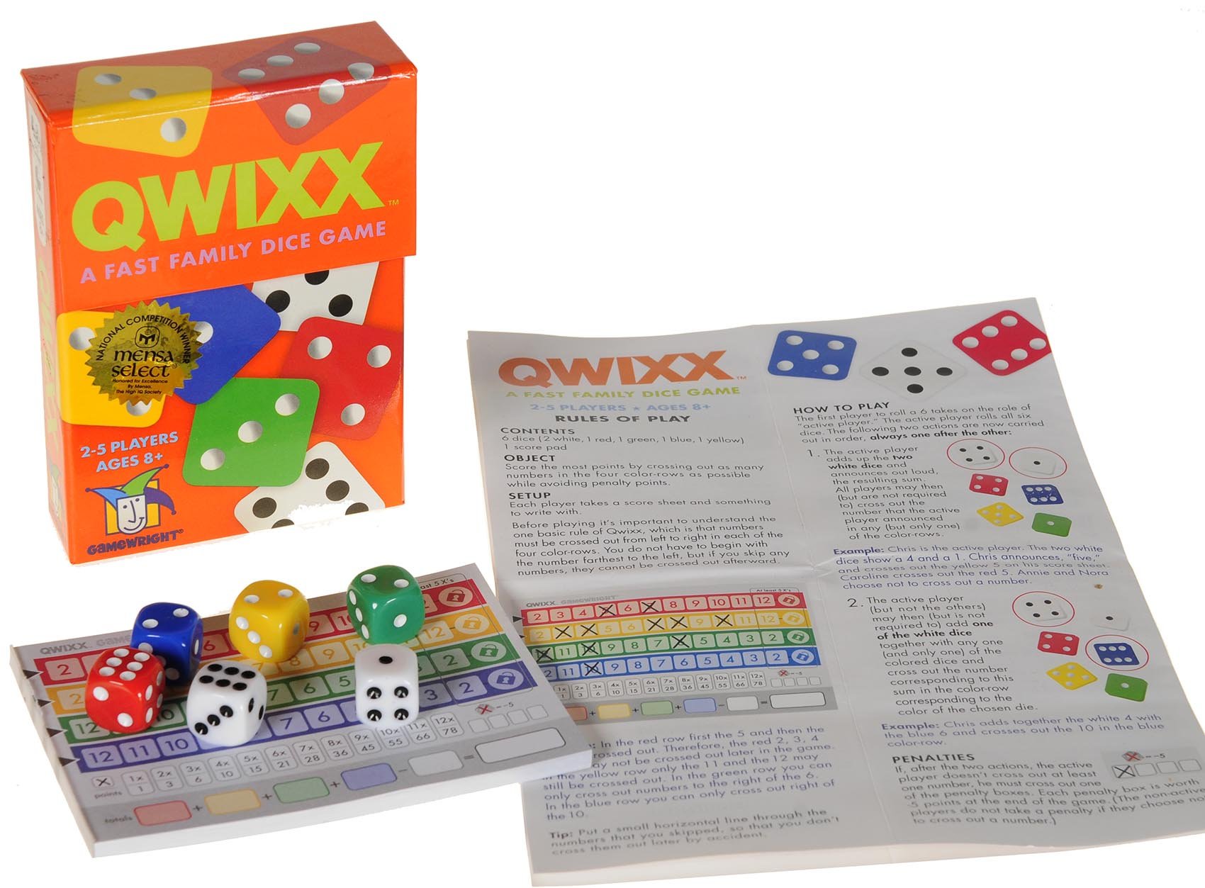 Deluxe Games and Puzzles QWIXX Dice Game, 2 Replacement Scoresheet Packs, RED Velvet Drawstring Pouch, Bundled Items