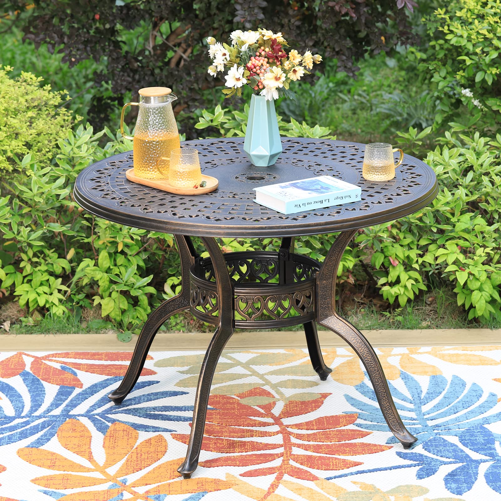 Sophia & William Cast Aluminium Patio Dining Table Round with 1.97" Umbrella Hole, Premium Bronze Outdoor Bar Bistro Table for Porch Balcony Backyard, 39" Dia x 28.3" H