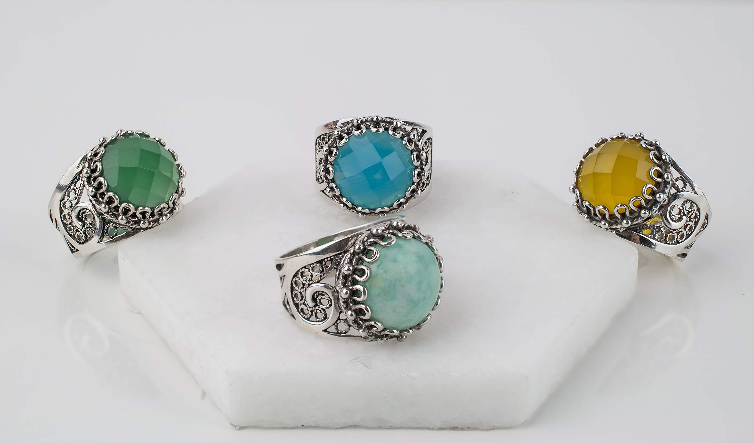 925 Sterling Silver Yellow Chalcedony Round Filigree Paisley Ring (Size 6-10) (6)