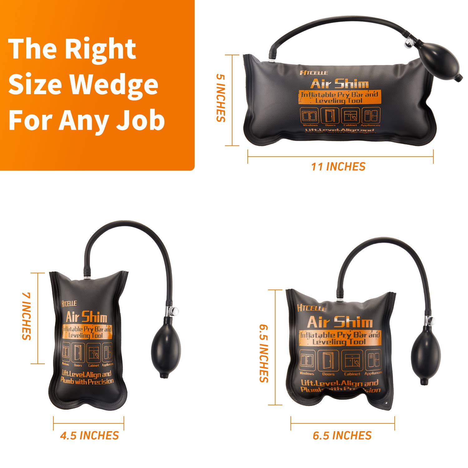 Air Wedge Bag,HTCELLE 3 Piece Commercial Grade Air Wedge Bag Pump Professional Leveling Kit & Alignment Tool Inflatable Air Wedge for a Variety of Jobs,Sizes/Small/Medium/Large.