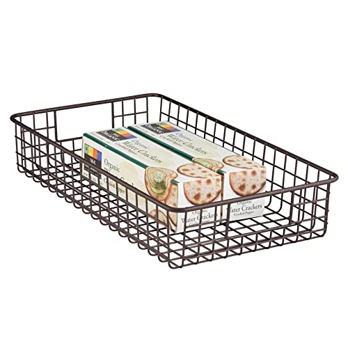 mDesign Metal Wire Food Storage Shallow Bin Basket with Handles for Organizing Kitchen Cabinets, Counter, Pantry Shelf - Perfect for Snacks, Drinks - Concerto Collection - Bronze