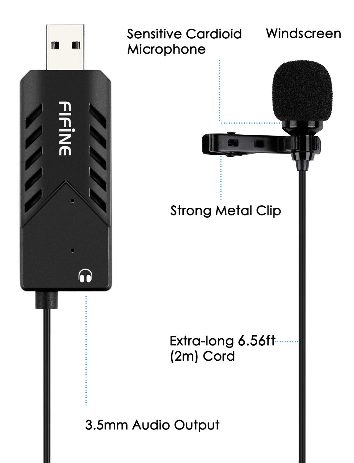 Fifine USB Lavalier Lapel Microphone, Clip-on Cardioid Condenser Computer Mic Plug and Play USB Microphone with Sound Card for PC and Mac-K053
