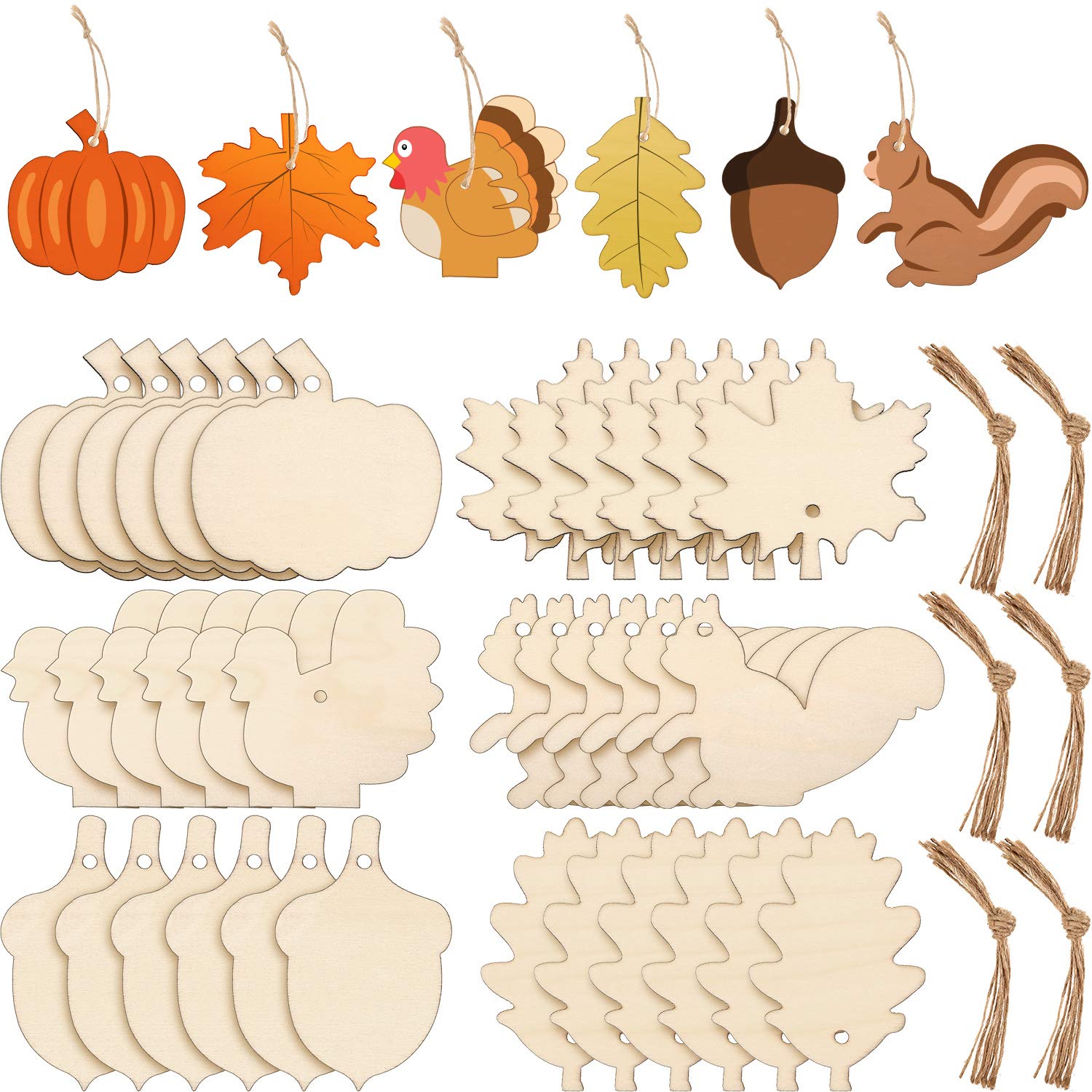 60 Pieces Thanksgiving Unfinished Wooden Ornaments Maple Leaves Pumpkin Wood Cutout Squirrel Acorn Blank Wooden Ornament for Thanksgiving Fall Party DIY Decor Supplies, 6 Styles