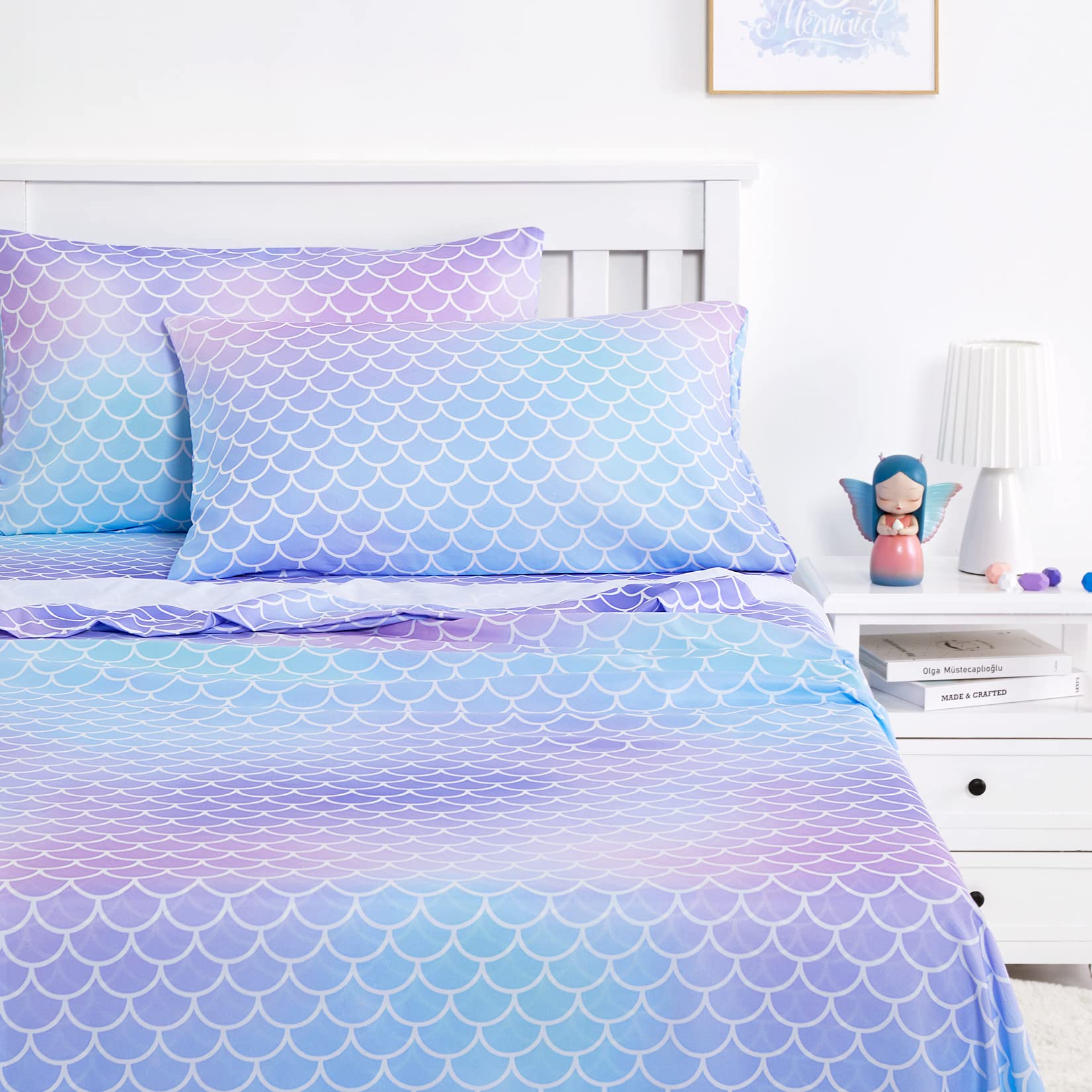 Wake In Cloud - Mermaid Bed Sheets for Girls, 4-Piece Sheets Set Kids, Ocean Mermaids Colorful Scales Pattern Rainbow Sea Soft Lightweight Bedding, Deep Pocket, Purple Blue, Twin Size