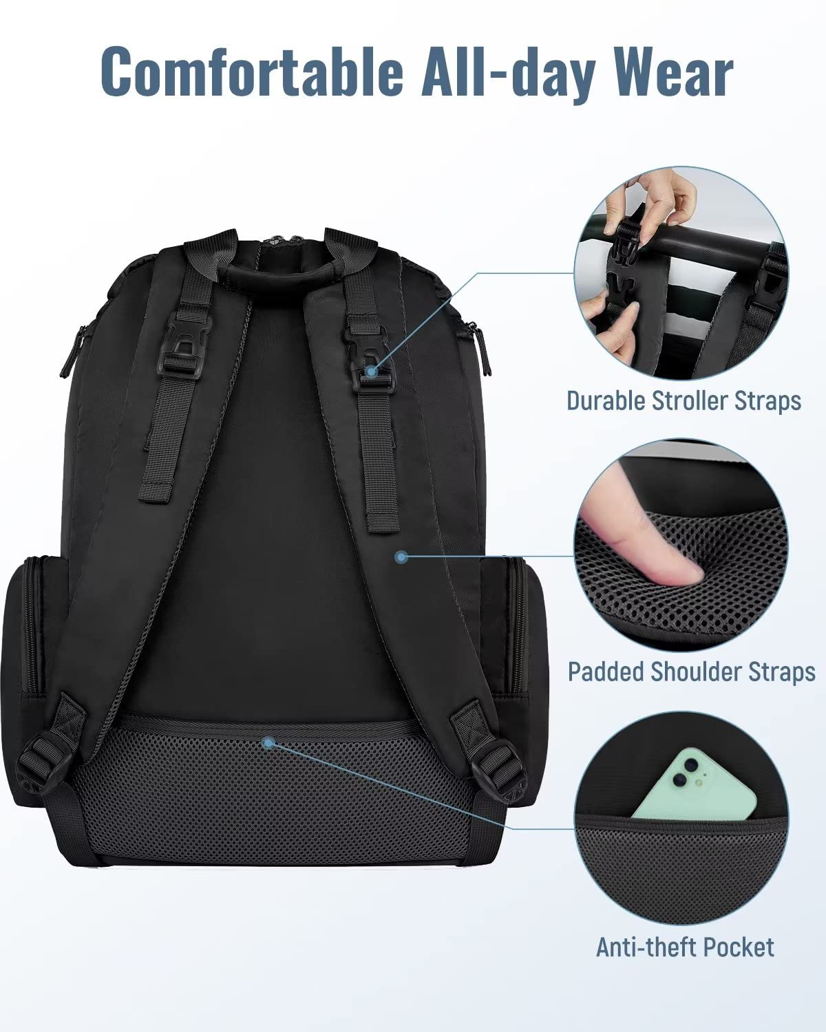 Mancro Diaper Bag Backpack, Multifunctional Dad Diaper Bag with 2 Side Insulated Pockets, Travel Water Resistant Baby Diaper Backpack for Men Women with Stroller Straps, Black