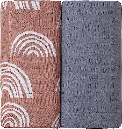 BabyWhale Muslin Swaddle Blanket, Boho Brown Rainbow Pattern Swaddle and Solid Color Swaddle for Newborn Baby Boys & Girls, Unisex Silky Soft Breathable Receiving Swaddle Wrap, 47x47 inches, 2 Pack