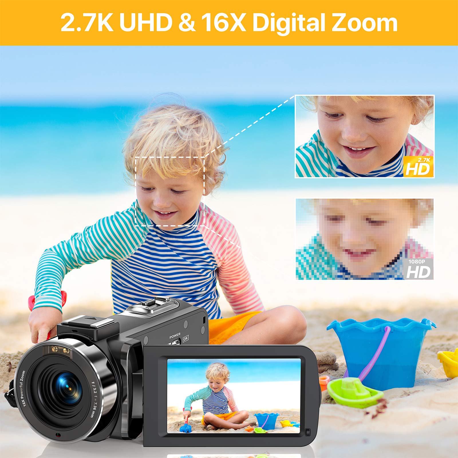 ACTITOP Video Camera Camcorder Ultra HD 2.7K 30FPS 36.0 MP IR Night Vision YouTube Vlogging Camera 3.0 Touch Screen 16X Digital Zoom with Remote Control Microphone Handheld Stabilizer 2 Batteries