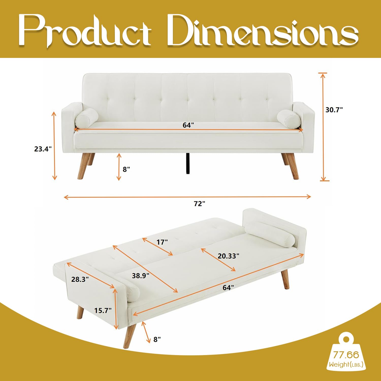 Anwickmak Yellow Velvet Couch, Small Sleeper Sofa Love Seat Includes 2 Pillows, 58" Tufted Loveseat Sofa, 4 Golden Metal Legs, Mid Century Modern Sofas for Living Room and Bedroom (Yellow)