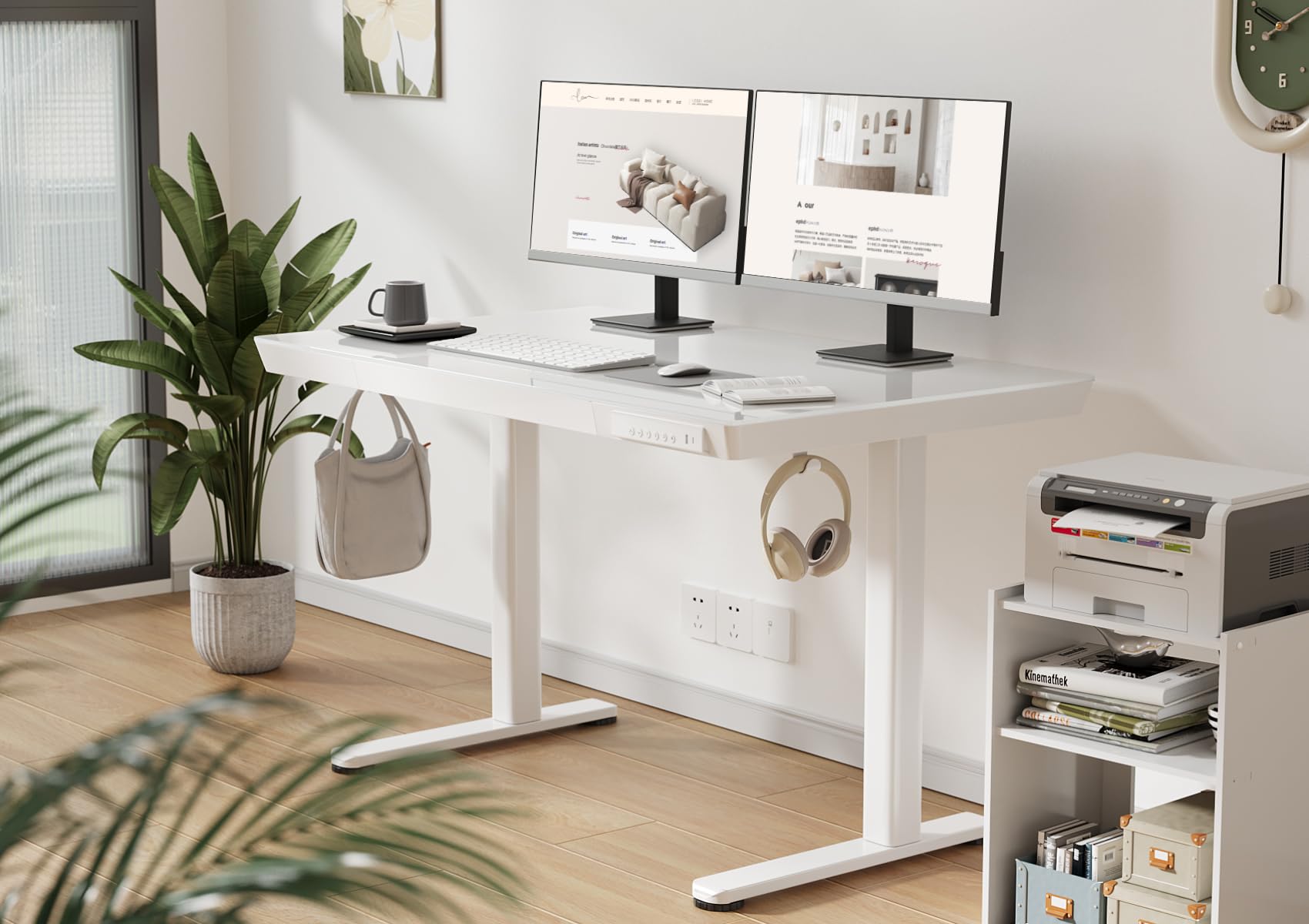 Claiks Glass Standing Desk with Drawers, 40 Inch Adjustable Stand Up Desk, Quick Install Home Office Computer Desk with USB Ports, White