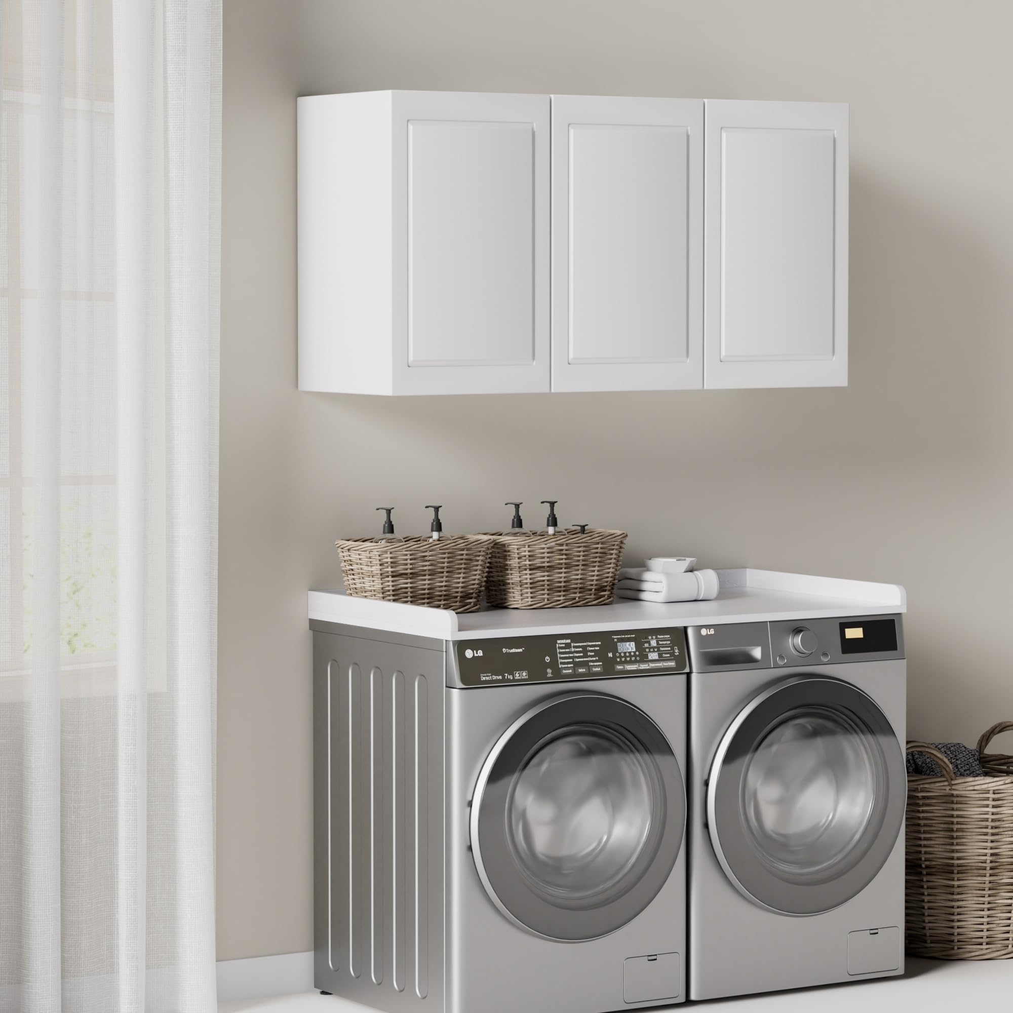 Kaboon Washer Dryer Countertop, Melamine Countertop with Edge Rails - 27.5" Depth x 54" Width Laundry Room Organization,White