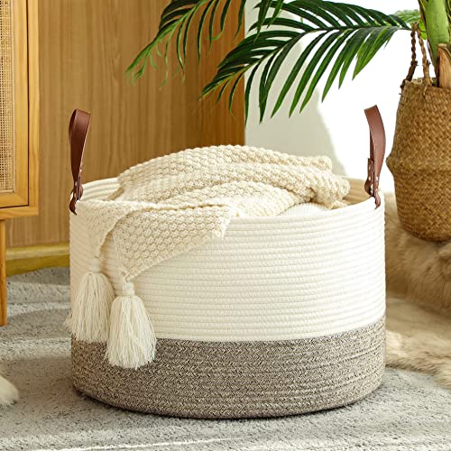 KAKAMAY Large Cotton Rope Blanket Basket (20"x13"),Woven Baby Laundry Hamper，Blanket Basket for Nursery, Laundry, Living Room, Pillows, Toys with Handles （White）