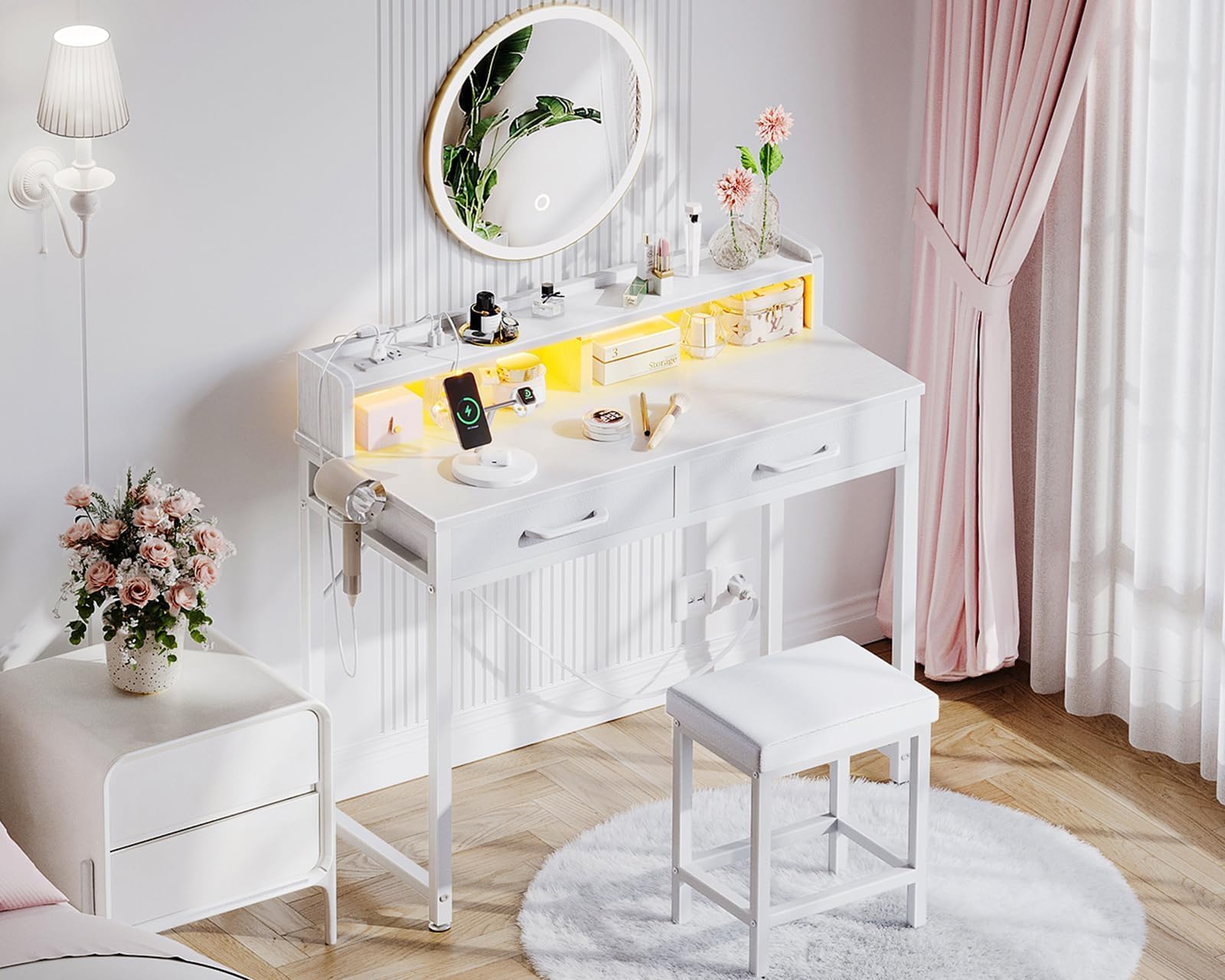 AODK Vanity Desk with Vanity Chair, Makeup Vanity with LED Lights, White Small Vanity Desk Without Mirror, 32 Inch Makeup Table for Small Space with 2 Fabric Drawers, Desk Make Up Vanity for Girls