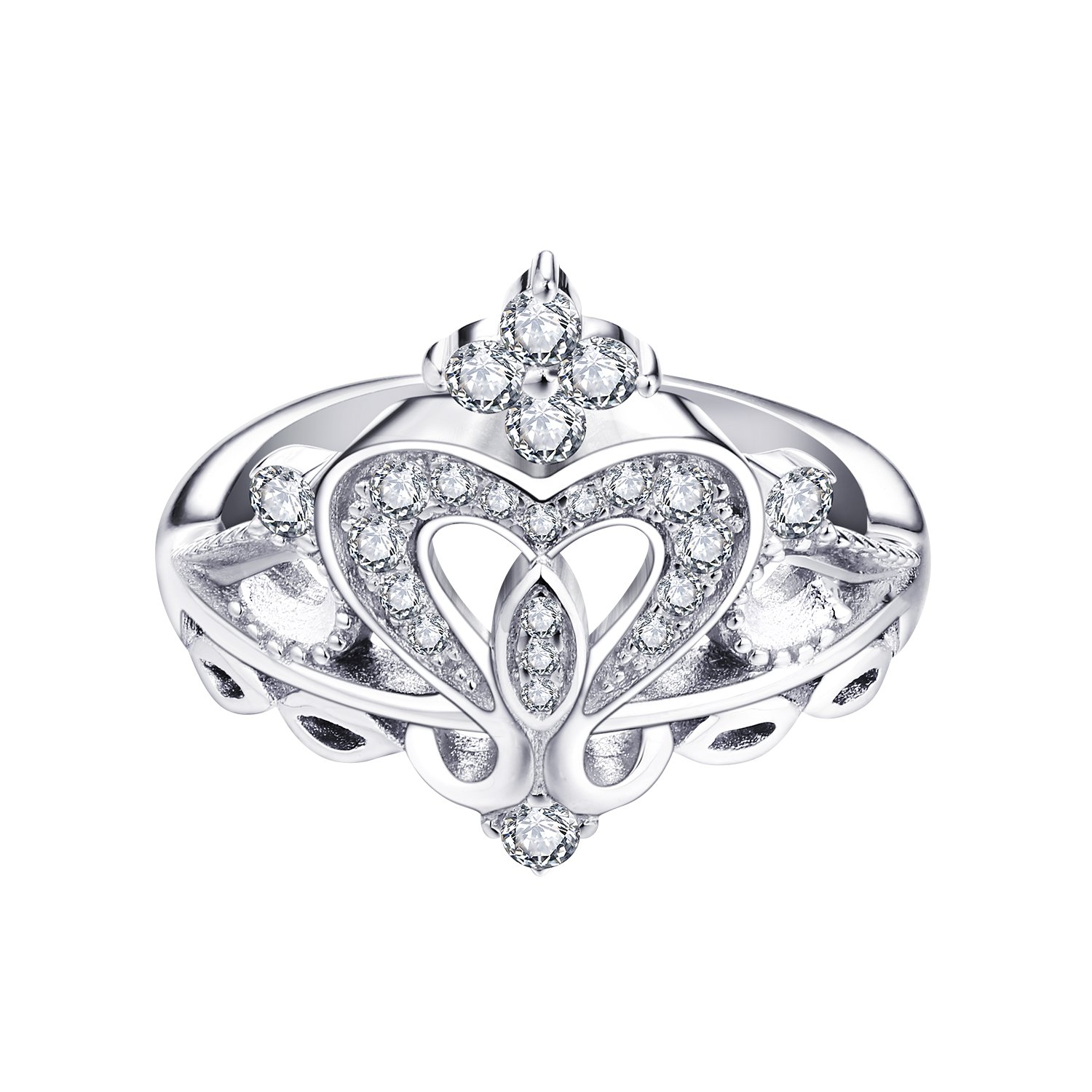 925 Sterling Silver Princess Crown Ring with White Gold Plated Heart Shape Ring Size 7- Top JO WISDOM Ring Gift