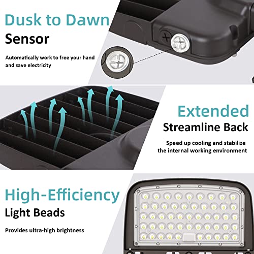 Cinoton 150W LED Parking Lot Lights, 19500LM 5000K Daylight Street Light with Dusk to Dawn Photocell, Ip65 Shoebox Light with Adjustable Arm Mount, 100-277V, Dimmable, ETL Listed, Power Tunable 1-Pack