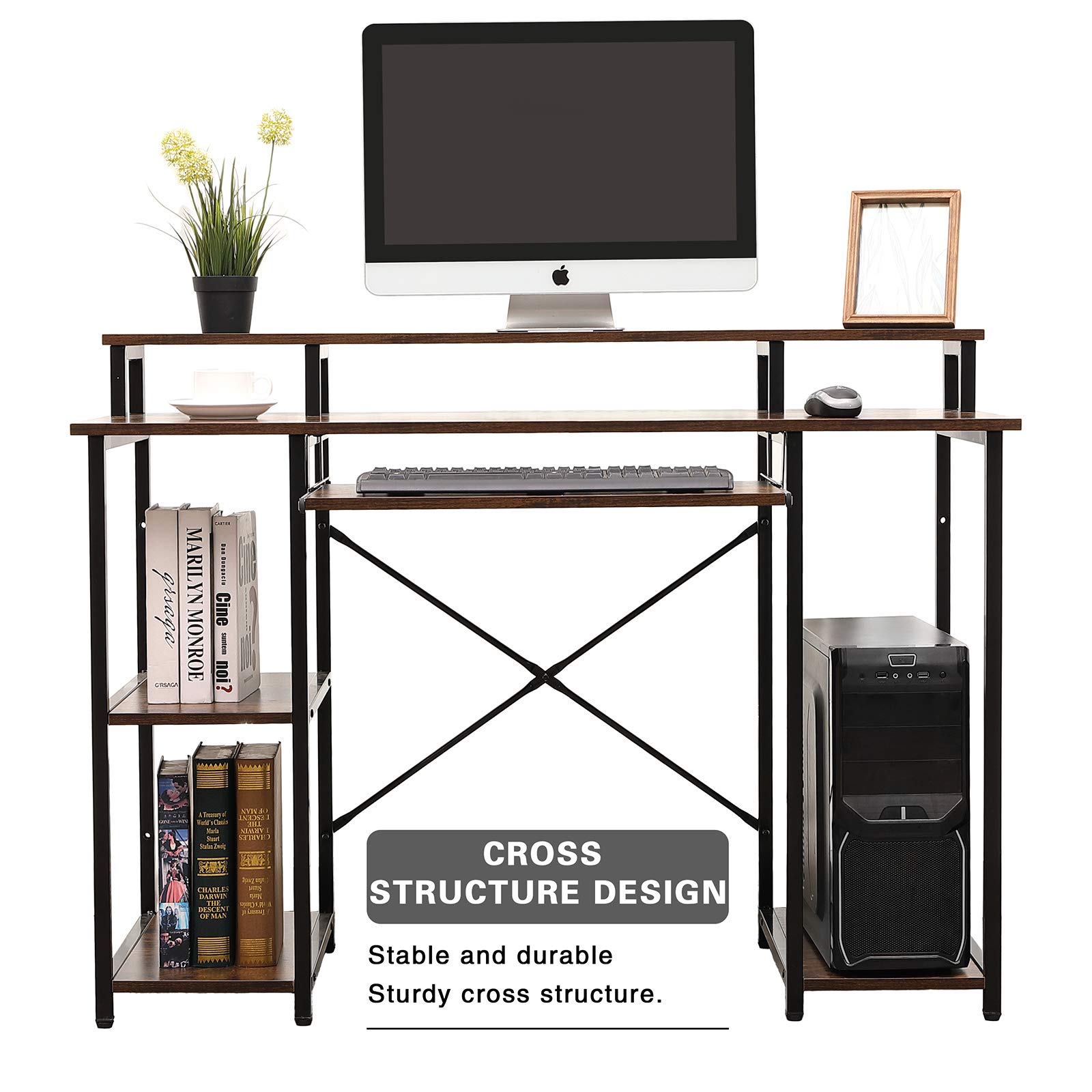 AIKA Computer Desk with Storage Shelves/Keyboard Tray/Monitor Stand Study Table for Home Office Reversible Desk (Industrial/Rustic Brown)