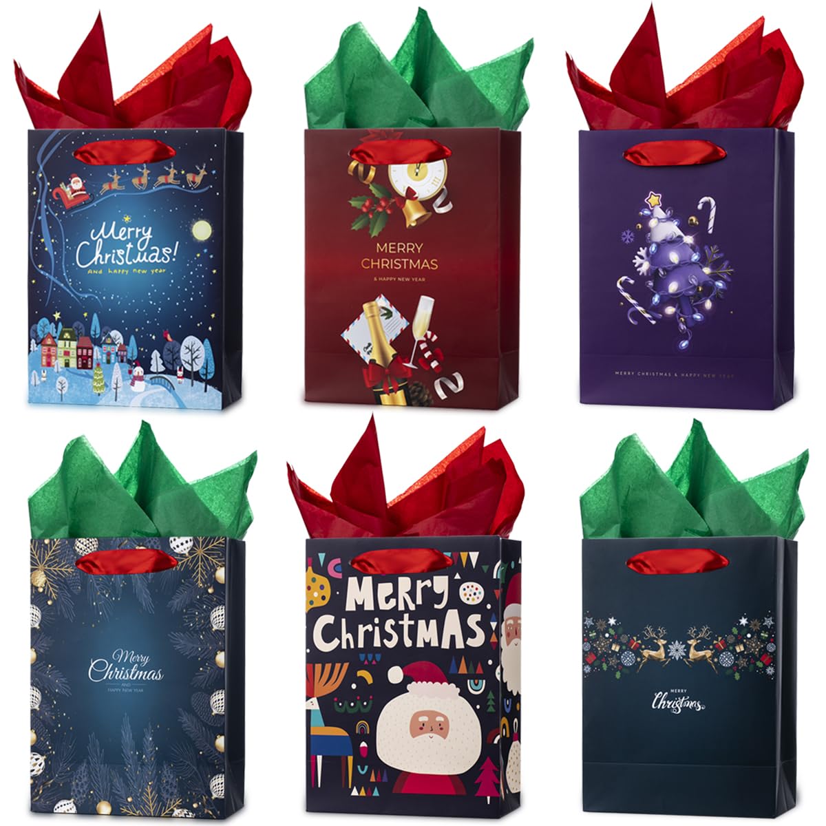 ARTLYMERS 24Pcs Small Christmas Gift Bags with Handles, Tissue Papers for Gift Wrapping, Bulk Kraft Paper Bags Assorted Christmas Prints for Xmas, Birthday, Holiday, Party Favor, Goody, Take-Out