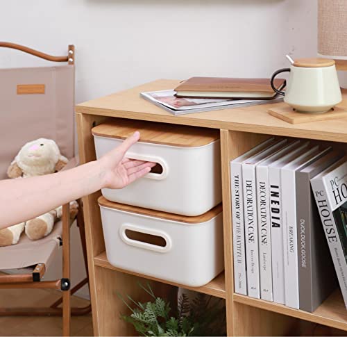 Citylife 2 PCS Storage Bins with Bamboo Lids Plastic Storage Containers for Organizing Stackable Storage Box with Handle, 15.12 x 10.67 x 5.98 inch