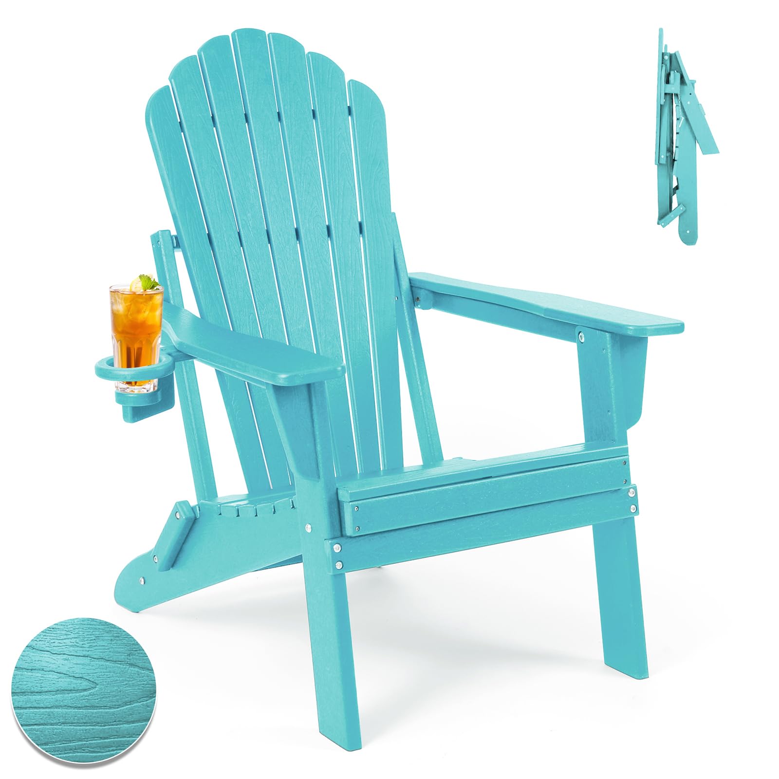 Plawdlik Folding Adirondack Chair,SGS Tested,Wooden Textured with Cup Holder,Widened Heavy All-Weather HDPE Comfortable Seating for Ourdoor Gery
