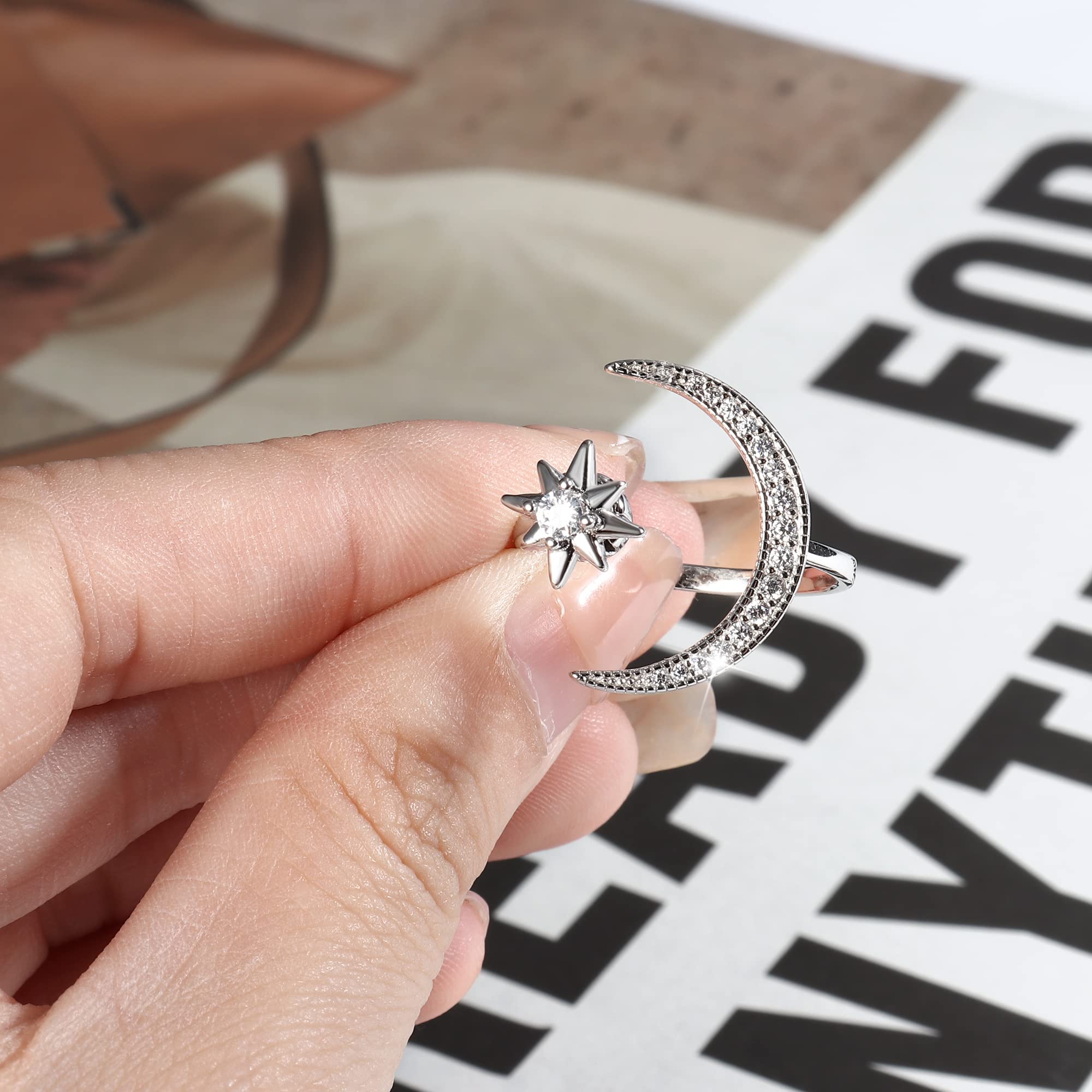 ADRAMATA 925 Sterling Silver Moon Ring for Women Crescent Moon Ring Platinum Plated Fidget Spinning Ring for Anxiety Stress Relieving Women's Sterling Silver Moon Ring Adjustable