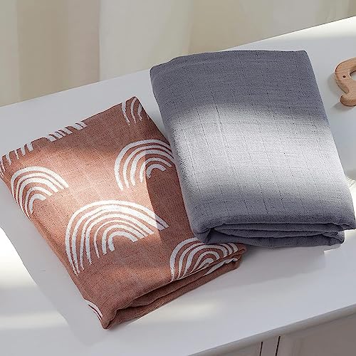 BabyWhale Muslin Swaddle Blanket, Boho Brown Rainbow Pattern Swaddle and Solid Color Swaddle for Newborn Baby Boys & Girls, Unisex Silky Soft Breathable Receiving Swaddle Wrap, 47x47 inches, 2 Pack