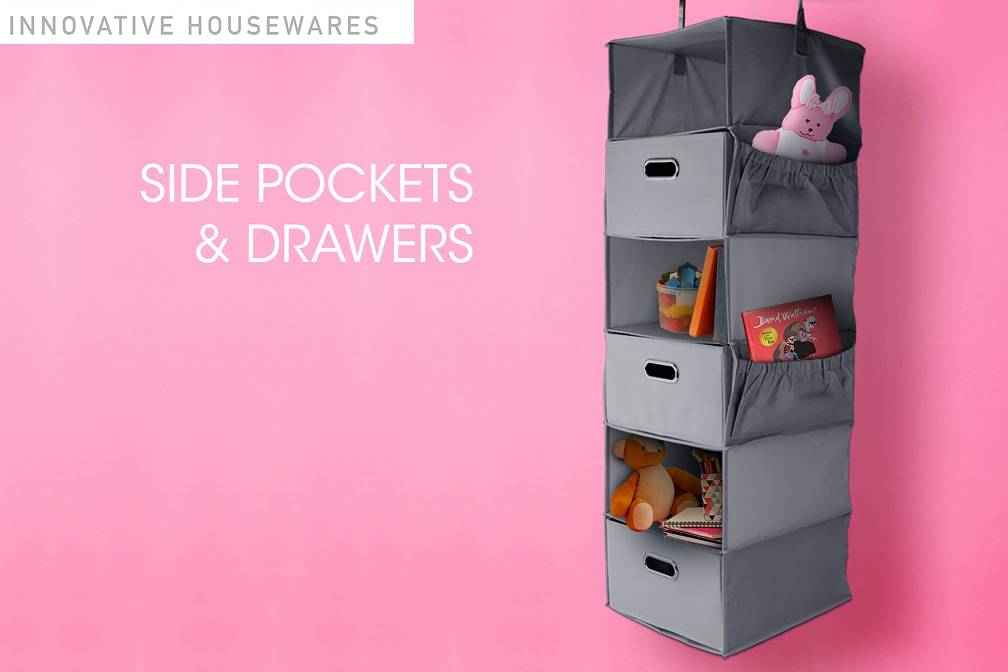 Closet Organizer Hanging Shelves, 6 Shelf Closet Storage with 5 Storage Drawers & Purpose Made Pockets, Jewelry Shoe Organizer Drawer Organizers, Perfect for Organization and Storage (Dark Grey)