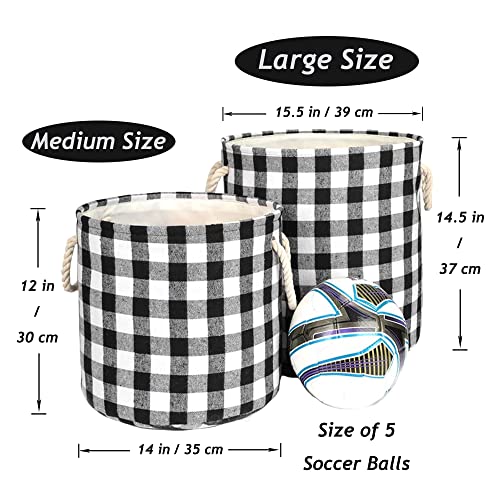 Round Collapsible Storage Organizer Bins Buffalo Checked Baskets with Woolen Fabric Kid's Pet's Toys and Accessory Storage Bins for Home Decor, White Black Grid, M