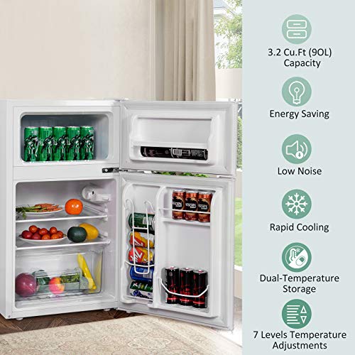 Hysache 3.2 cu ft ompact Refrigerator, Double Door Mini Fridge w/Removable Glass Shelves, Mechanical Control & Angle LED Light, Energy Saving Separate Freezer for Home, Office & Dorm (White)