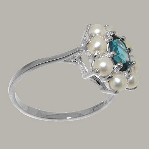 925 Sterling Silver Natural London Blue Topaz & Cultured Pearl Womens Statement Ring - Size 9
