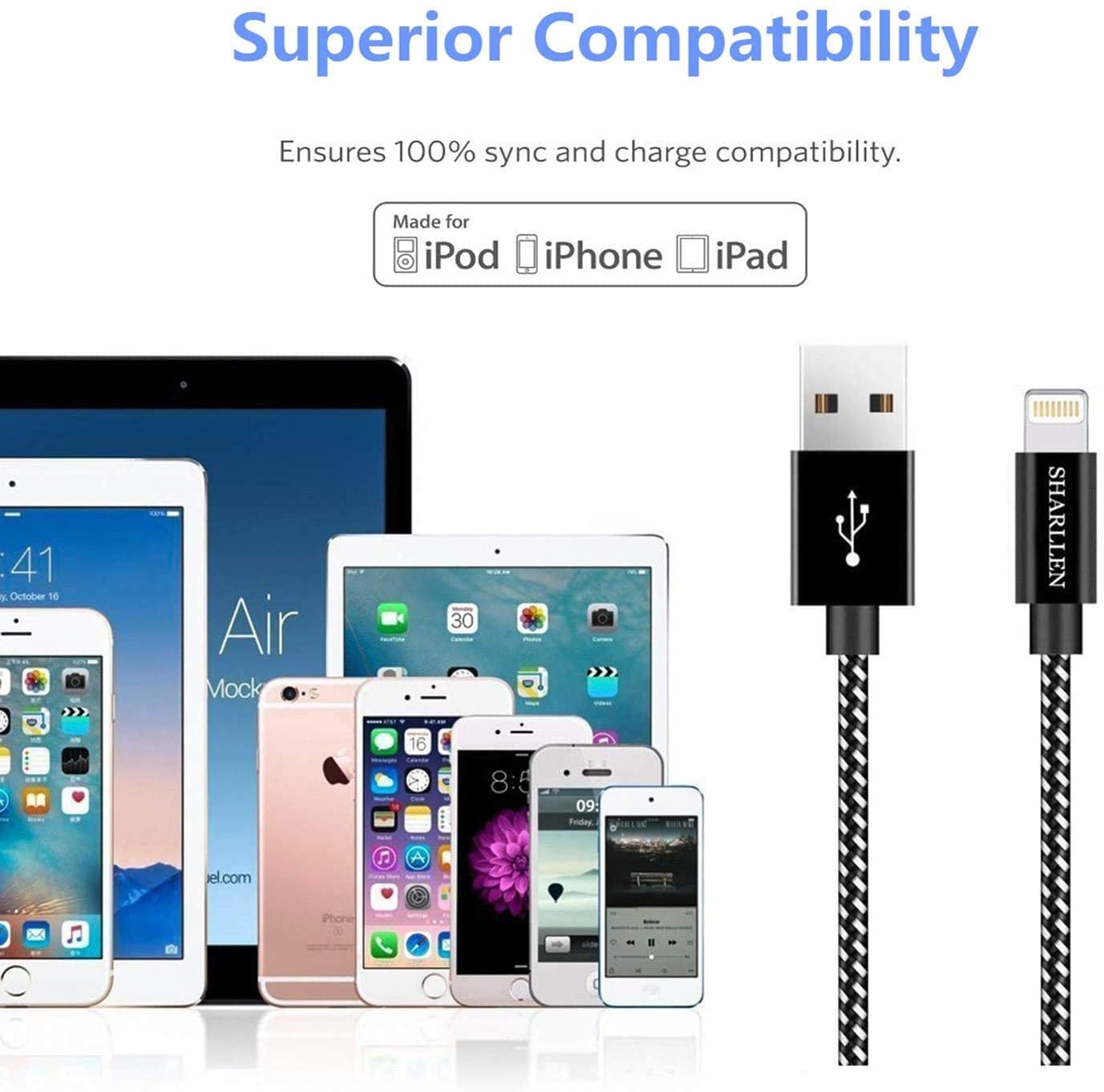 iPhone Charger Cable 3Pack 3FT MFi Certified Sharllen Nylon Braided iPhone Charging Cord Fast USB Charging Cell-Phone Lightning Wire Compatible iPhone 11/XS/Max/XR/X/8P/8/7/7P/6/iPad/iPod(Black-3FT)